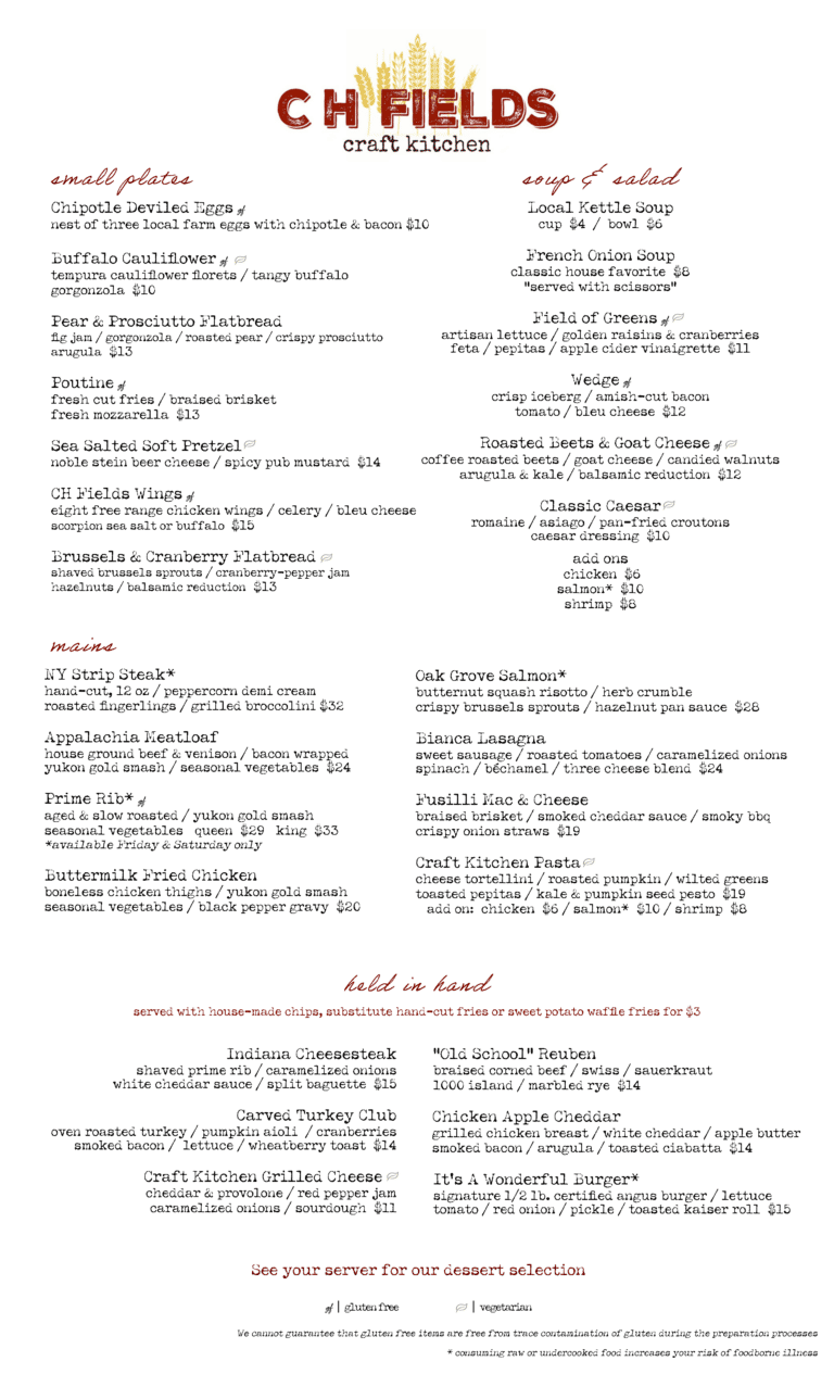 Menus - CH Fields Craft Kitchen